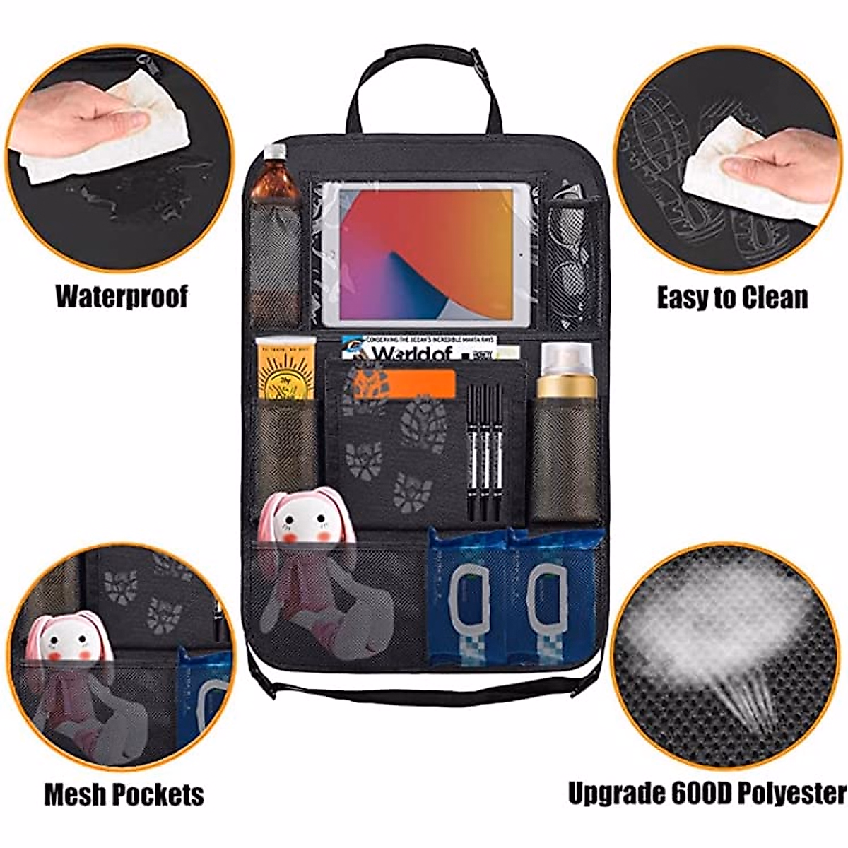 MYKOMI Car Backseat Organizer, Waterproof and Durable Car Seat Organizer Kick Mats, 9 Storage, Tablet Holder, Pockets Car Back Seat Protectors Kick Mats Car Travel Accessories for Kids (2 pack)