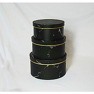 BBJ WRAPS Vintage Marble Flower Paper Box Round Florist Boxes For Bouquet With Lids Set/3 (S/M/L) (Black)