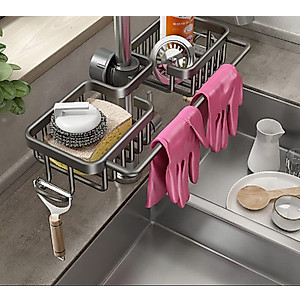 LuLusmoda Kitchen Sink Rack Faucet Sponge Holder Over The Sink Organizer Faucet Rack with Hook，A Free Dish Cloth Note：Round Pipe with Diameter 0.7-1.1 Inchs Can Be Used(Aluminum，Double,Elegant Gray