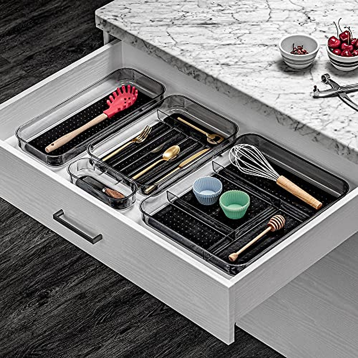 madesmart Premium Antimicrobial Clear Soft Grip Mini Silverware Tray Non-Slip Kitchen Drawer, 5 Compartments, Multi-Purpose Home Organization, EPA Certified, Carbon