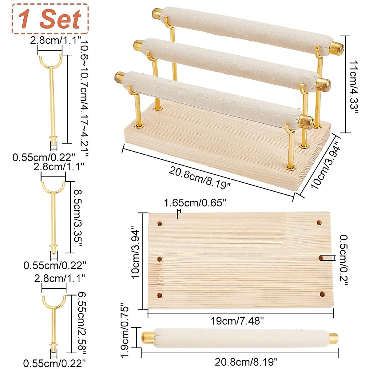 NBEADS 3-Tier Velvet Bar Ring Display Stand, Multi-Layer Ring Storage Shelf Detachable Metal Shelf for Rings Crafts Jewelry Storage Display, Wooden Base, Old Lace, 8.2×3.9×4.3"