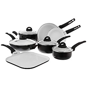 Oster Herstal Aluminum Cookware Set with Ceramic Non-Stick and Soft Touch Bakelite Handle with Tempered Glass Lids, 11-Piece, Black w/White Interior