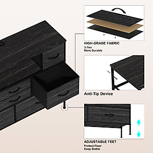 Simoretus Wide Dresser with Charging Station and LED Light for Bedroom 8 Fabric Drawers Chest of Drawers with Power Outlet Storage Open Shelf for Living Room TV Stand Closet Hallway (Charcoal Black)