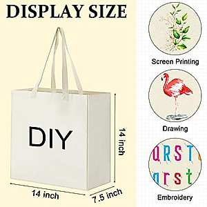 12 Pieces Canvas Grocery Bag Large Blank Tote Bags, Reusable Canvas Shopping Bag with Long Handle White Washable Foldable Plain Natural Heavy Duty Totes Bags Bulk for Kitchen, 14 x 14 x 7.9 Inch