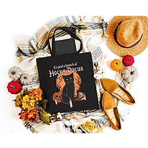 GXVUIS It's Just A Bunch Of Hocus Pocus Canvas Tote Bag for Women Halloween Black Cat Graphic Reusable Grocery Shopping Bags Black