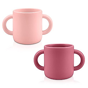 TQONEP Silicone Toddler Cup for Babies,5oz Silicone Training Cup for Infants 2 Handles, Easy Grip Handles Toddler Learning Cup Applicable for Baby Over 6 Months +（Pink+Deep Pink
