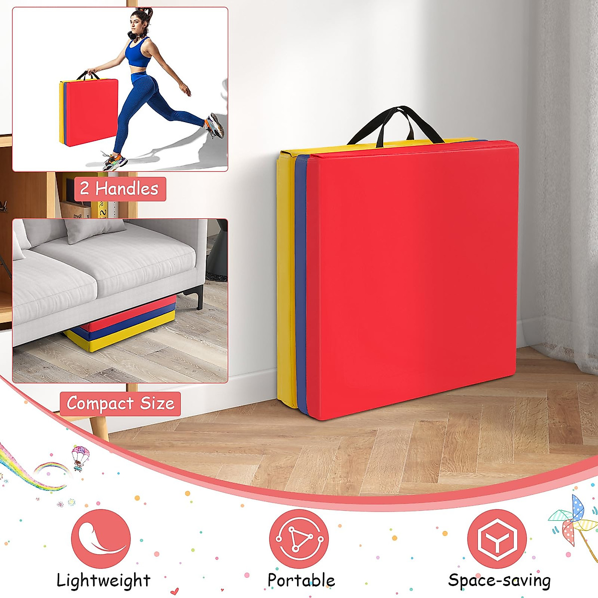 Giantex 6'x2' Tri-Fold Gymnastics Mat with Carry Handles Tumbling Exercise Gym Mat for Aerobics, Yoga, Stretching, MMA (Multicolor)