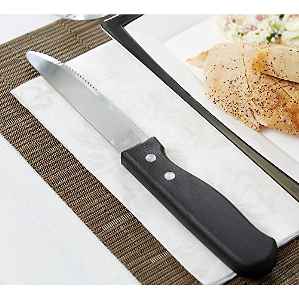 (Set of 6) 10-Inch Jumbo Steak Knives by Tezzorio, Stainless Steel Rounded Serrated 5-Inch Blade with Black Plastic Handle, Commercial Quality Steak Knife Set