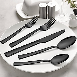 Homikit 66-Piece Shiny Black Silverware Set with Serving Utensils, Stainless Steel Square Flatware Cutlery for 12, Home Restaurant Eating Utensils with Fork Spoon Knife, Mirror Polish, Dishwasher Safe