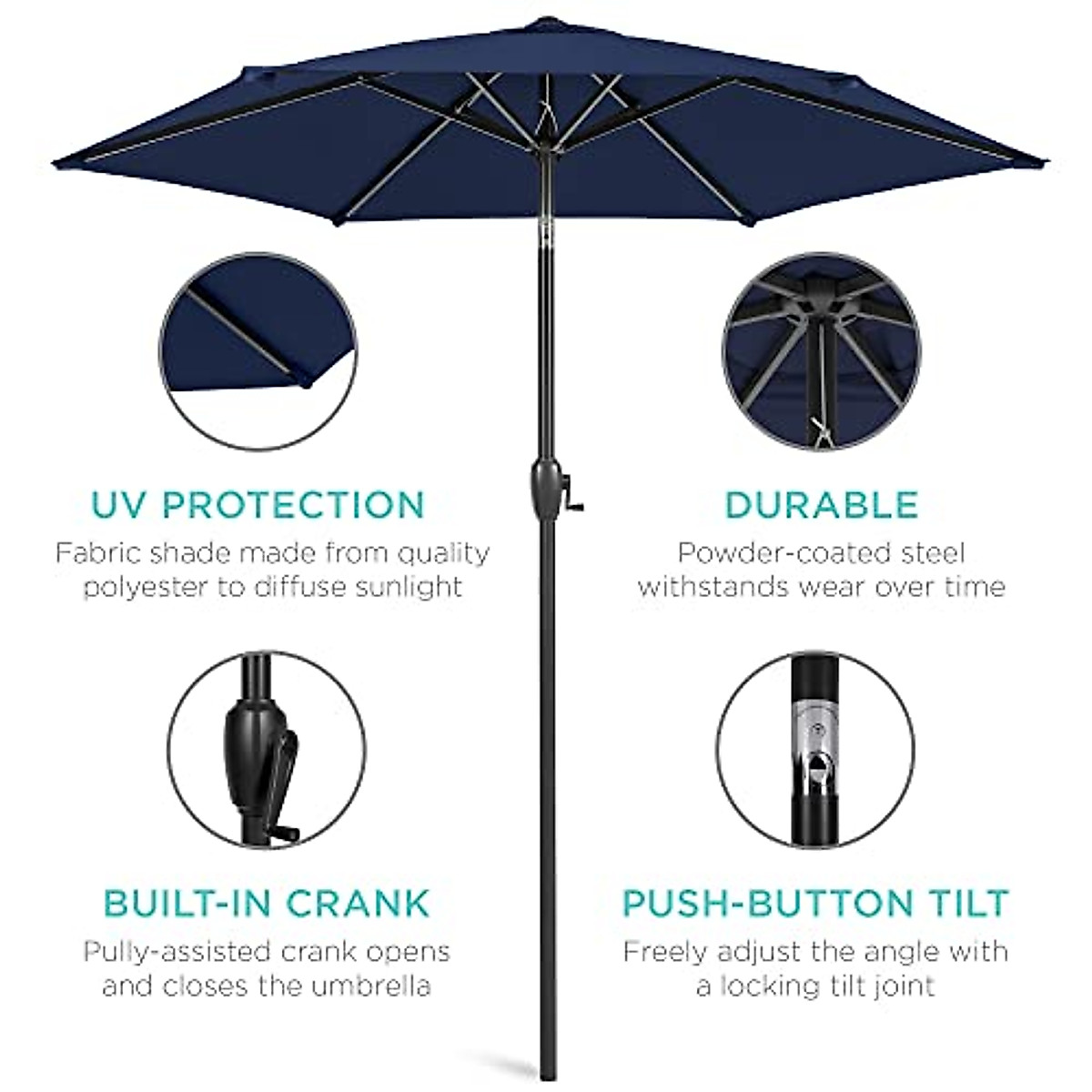 Best Choice Products 7.5ft Heavy-Duty Round Outdoor Market Table Patio Umbrella w/Steel Pole, Push Button Tilt, Easy Crank Lift - Navy Blue