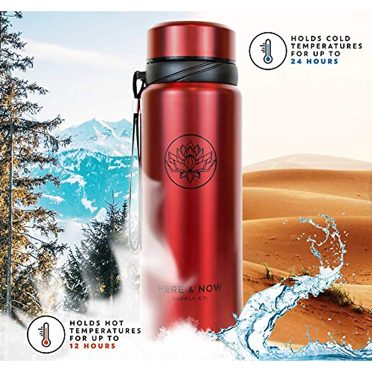 25 oz Multi-Function Travel Mug and Tumbler | Tea Infuser Water Bottle | Fruit Infused Flask | Hot & Cold Double Wall Stainless Steel Coffee Thermos | by Here & Now Supply Co. (Sacred Red)