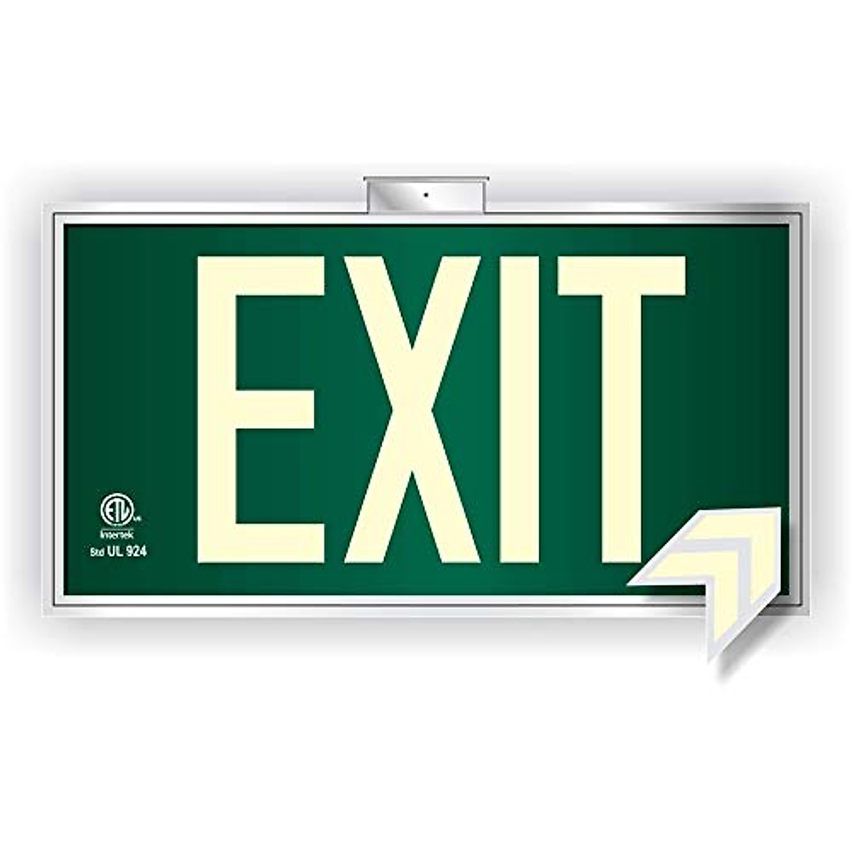 Photoluminescent Exit Sign Green Framed Flag/Ceiling Mount (Removable Arrows) Code Approved UL 924- IBC-NFPA