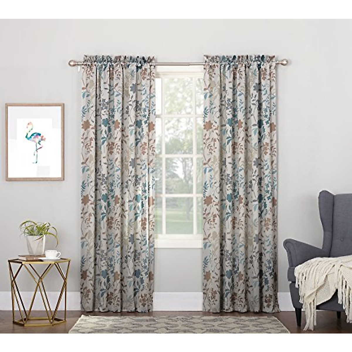 Sun Zero Kara Floral Print Energy Efficient Rod Pocket Single Curtain Panel, 54" x 84", Stone