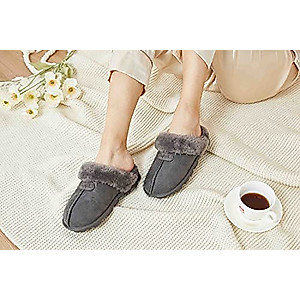 CLPP'LI Womens Slip on Faux Fur Warm Winter Mules Fluffy Suede Comfy Slippers-Grey-8