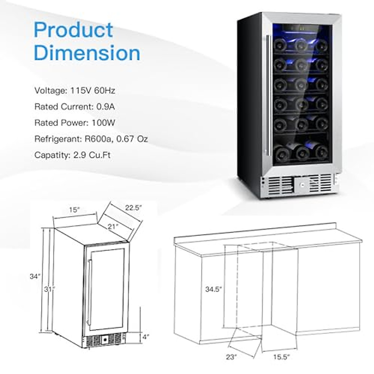 33 Bottle Evolution Series Wine Cooler, 20 Inch Wine Refrigerator for 33 Bottles and Tempered Glass Door，Small Refrigerator for Beverage Storage (33-bottles)