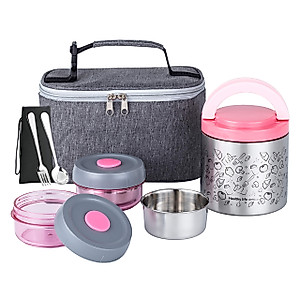Lille Home Lunch Box Set, An Vacuum Insulated Bento/Snack Box Keeping Food Warm for 4-6 Hours, Two BPA-Free Food Containers, A Lunch Bag, A Portable Cutlery Set, Smart Diet, Weight Control (Pink)