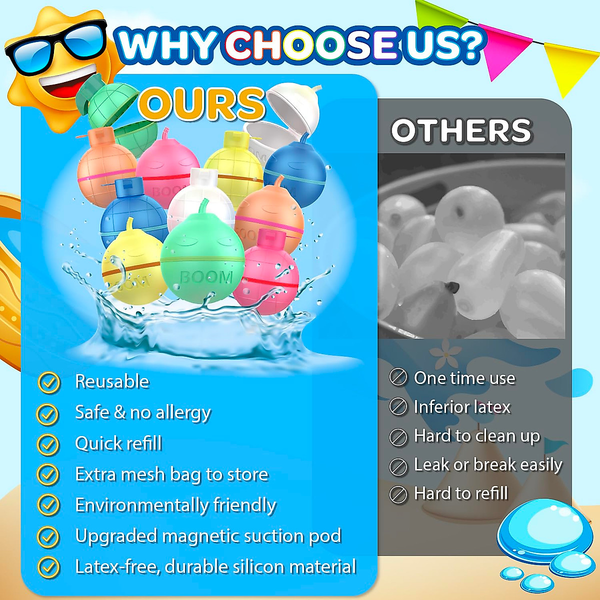 12pcs Reusable Water Balloons for Kids - Silicone Balloon with Magnetic Self Sealing Magnetic Quick and Easy Refill Outdoor Water Bombs - Bulk Pack with Mesh Bag (Bomb & Grenade)