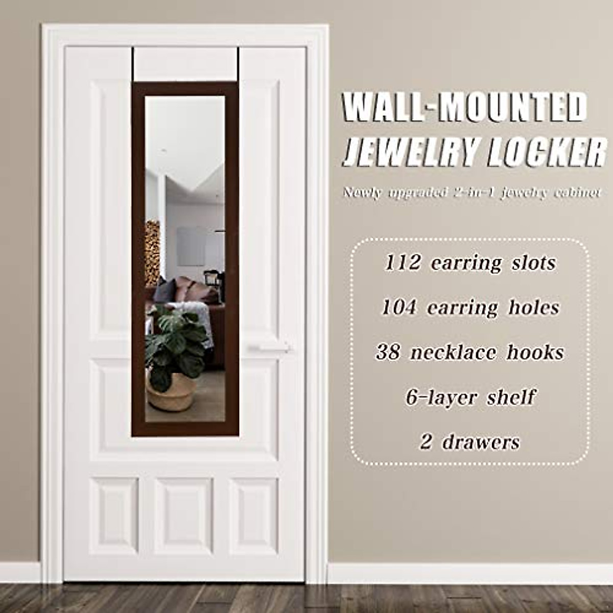 FDW Jewelry Cabinet 47.3" H Wall/Door Mounted Lockable Jewelry Armoire With 2 Drawers 6 Shelves 43.3"×10.6" Mirror High Capacity Jewelry Organizer, Brown