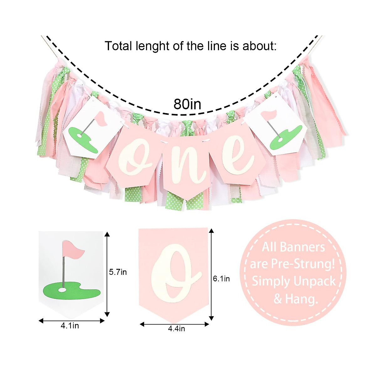 Golf 1st Birthday Decorations For Girls - Hole In One High Chair Banner,Sports Themed First Birthday Photo Props,Golf Pink Green Ribbon One Banner,Baby Girl Smash Cake Backdrop Highchair Banner