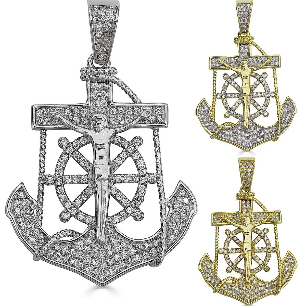 HarlemBling Solid 925 Sterling Silver -Jesus On Anchor Cross Pendant - Hip Hop Iced - Natural Silver Or Two Tone Gold Finish (Two Tone)