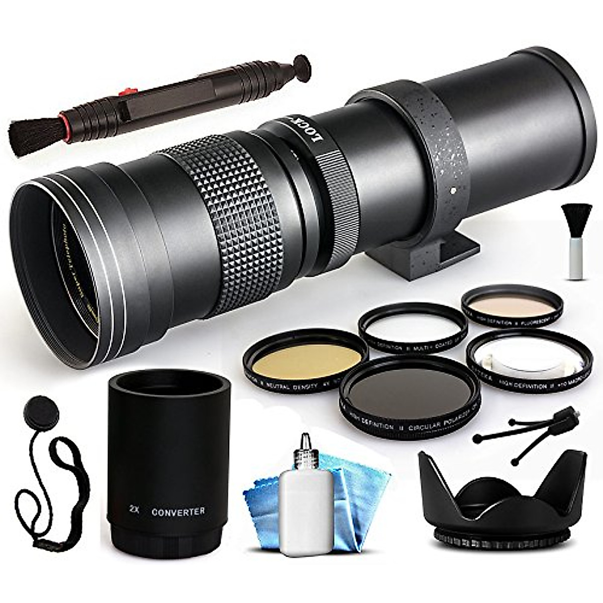Opteka 420-1600mm f/8.3 HD Telephoto Zoom Lens Bundle Package includes 2X Teleconverter + 5 Piece UV-CPL-FL-Macro 10x-ND4 Filters + Tulip Hood + Cap Keeper + Lens Pen + Cleaning Kit for Canon EOS 5D Mark II III 2 3 5DM2 5DM3, 1D Mark 3 4 III IV 1Dx 1D X,