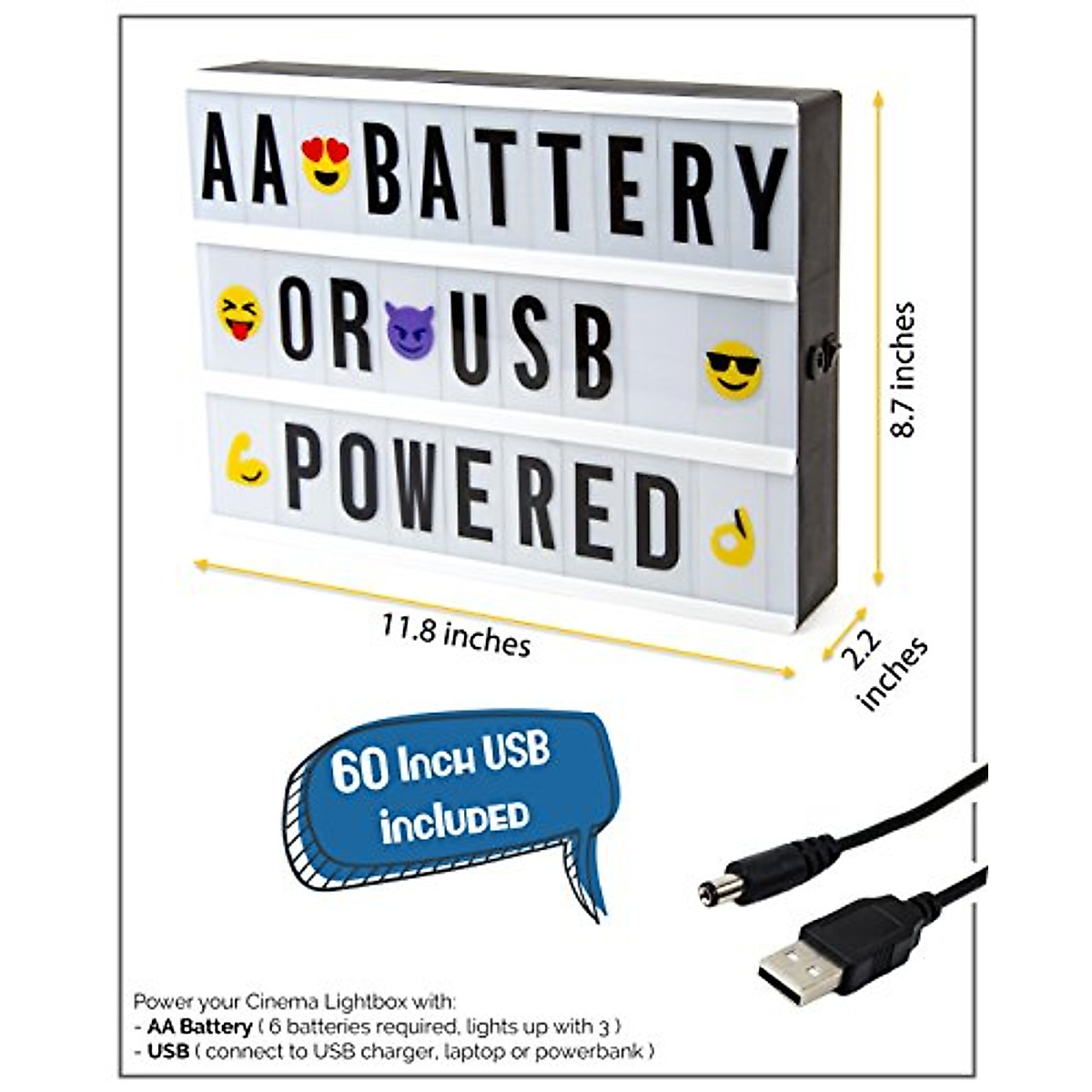 Cinema Light Box with Letters - Vintage Cinematic Light Up Message And Note Sign With 240 Letters, Numbers, Symbols & Emojis – Personalized A4 White LED Lightbox With Extra Long Durable USB Cable