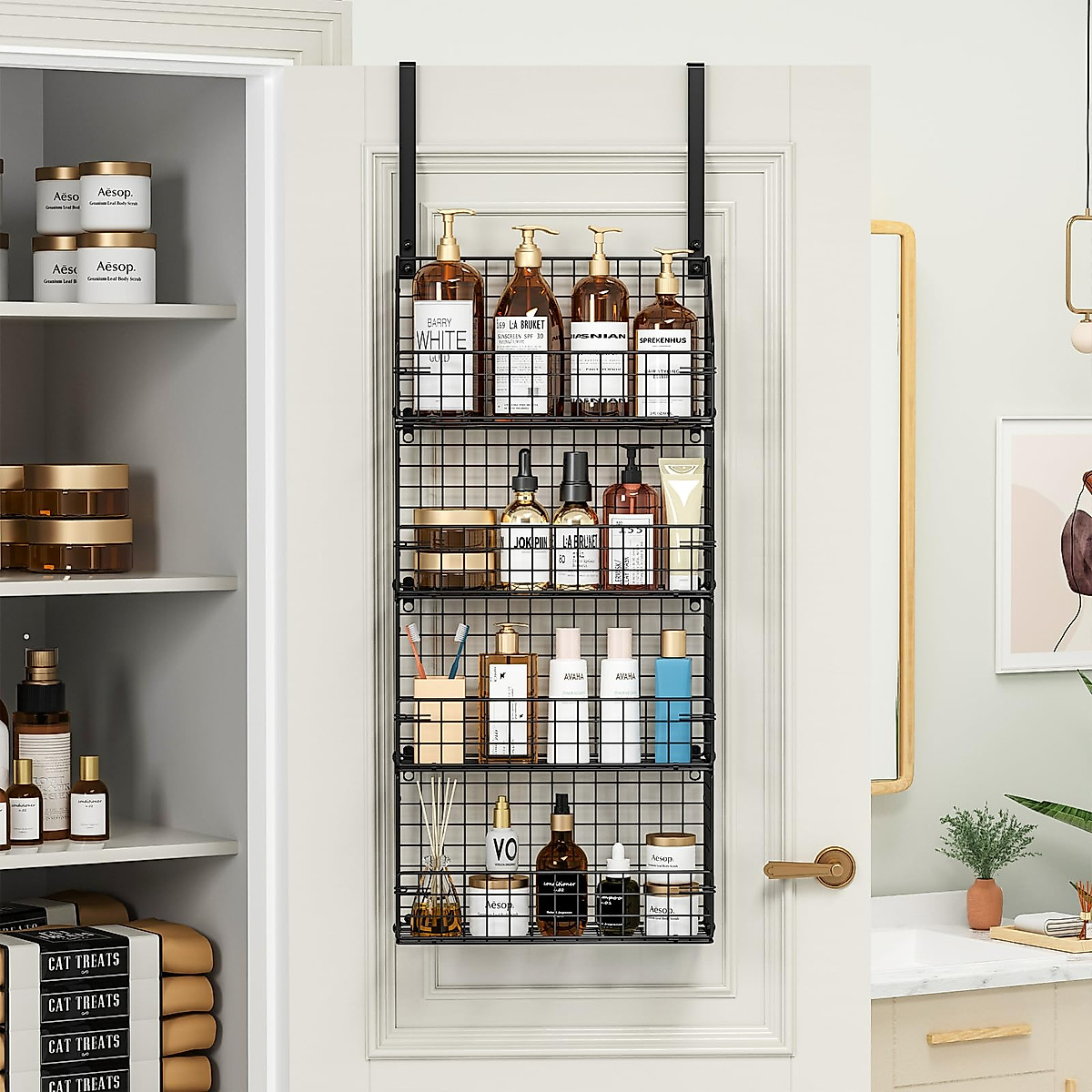 X-cosrack Over The Door Organizer - 4-Tier Pantry Door Organizer Hanging Storage Rack & Detachable And Foldable Metal Seasoning Spice Cabinet Door Storage Wall Basket With Hooks For Bathroom Kitchen