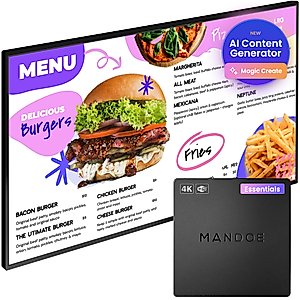 Mandoe Essentials Digital Signage Displays - Digital Signage Player for Digital Menu Board. World-Class Templates. Subscription required. Monitor not included.