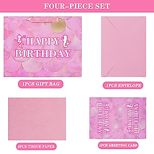 Jaywayang 12.6" Large Pink Mermaid Happy Birthday Gift Bag with Card, Tissue Paper and Tag for Kids Girls Birthday Party.