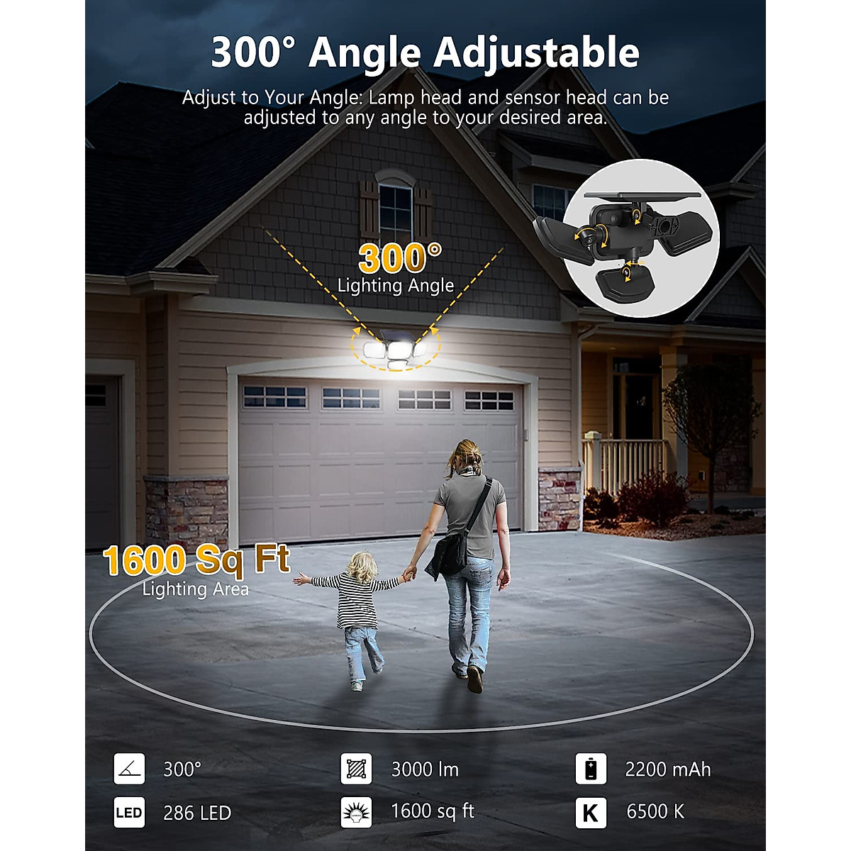 Solar Lights Outdoor Motion Sensor, 286 LED 3000 LM Solar Security Lights with Remote Control, IP65 Waterproof,4 Heads Solar Flood Lights with 3 Modes for Front Door Backyard Garage Deck