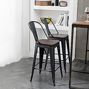 Aklaus Metal Bar Stools Set of 4,24 inch Barstools Counter Height Bar Stools with Backs Farmhouse Bar Stools with Larger seat High Back Kitchen Dining Chairs Modern Bar Chairs Matte Black Stool