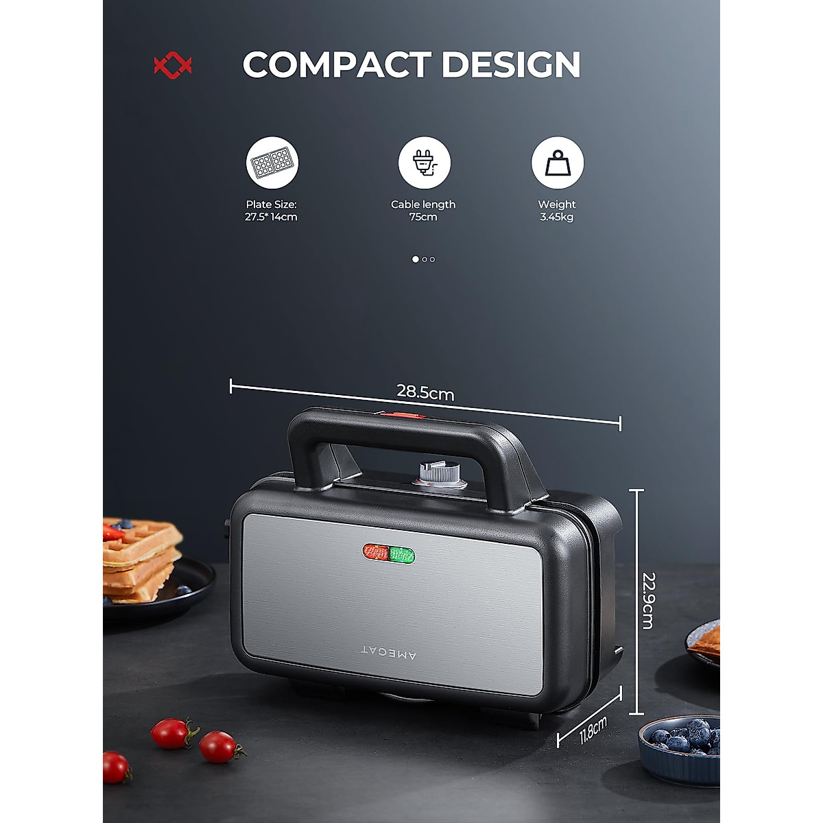 AMEGAT 3 in 1 Sandwich Maker, Waffle Maker with Removables Plates, Panini Press Waffle Iron Set with 5-gear Temperature Control, Non-stick Coating Cool Touch Handle Anti-skid Feet for Breakfast, 1200W