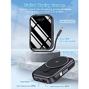 Ceftydy Magnetic Wireless Portable Charger, 10000mAh Battery Pack with USB-C Cable & LED Display, Built-in Lightning Cable, Magnetic Power Bank 20W PD Fast Charging for iPhone 15/14/13/12 Series