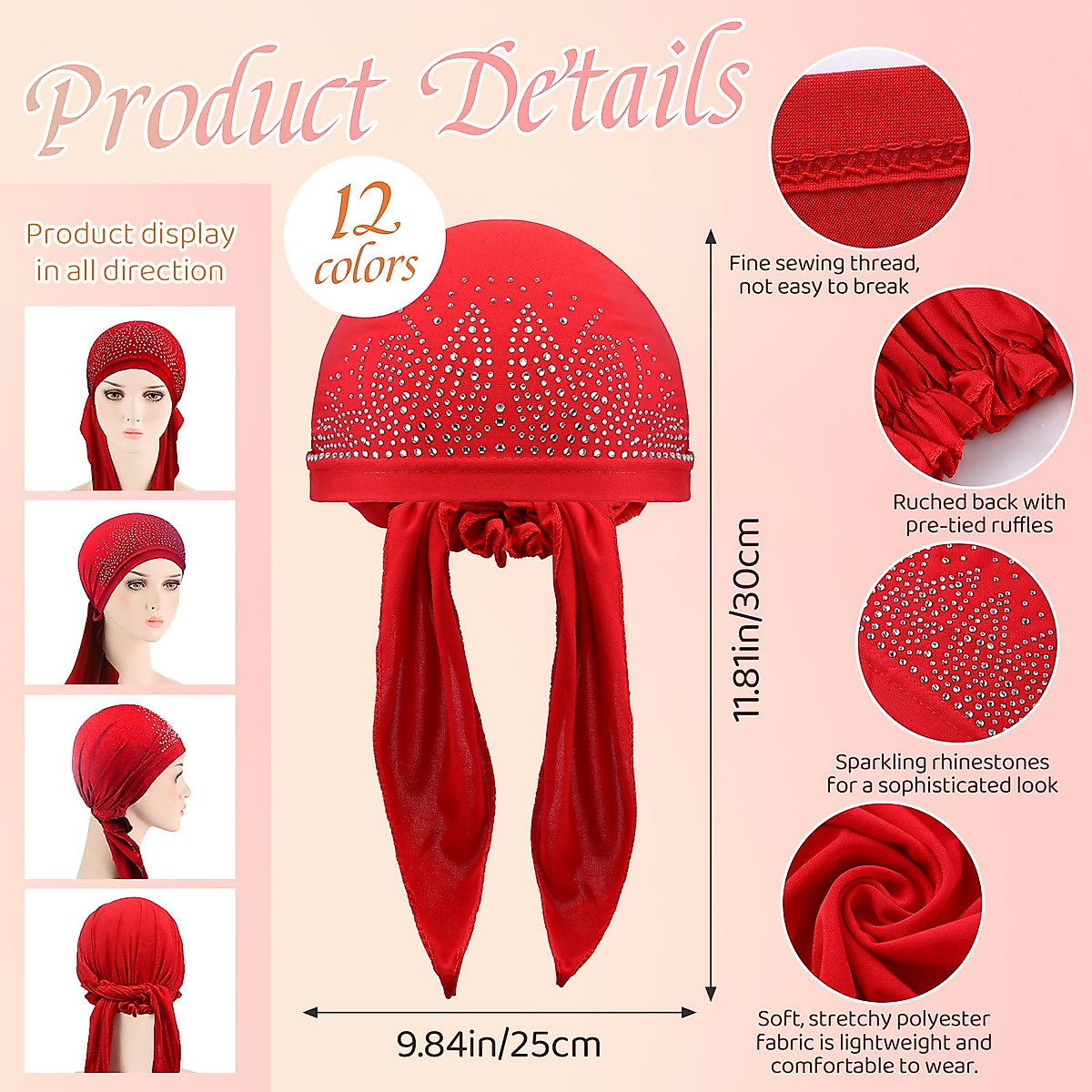 Jiuguva 12 Packs Rhinestone Head Scarf Women Stretchy Head Wrap Bandana Beanie Pre Tied Durag Turban Cap Skull Cap Headbands