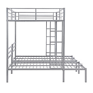 RUNWON Meta L Shaped Triple Bed - Sturdy Full Over Twin & Twin Bunk Bedframe with Built-in Shelf and Ladders for Three Kids or Teens