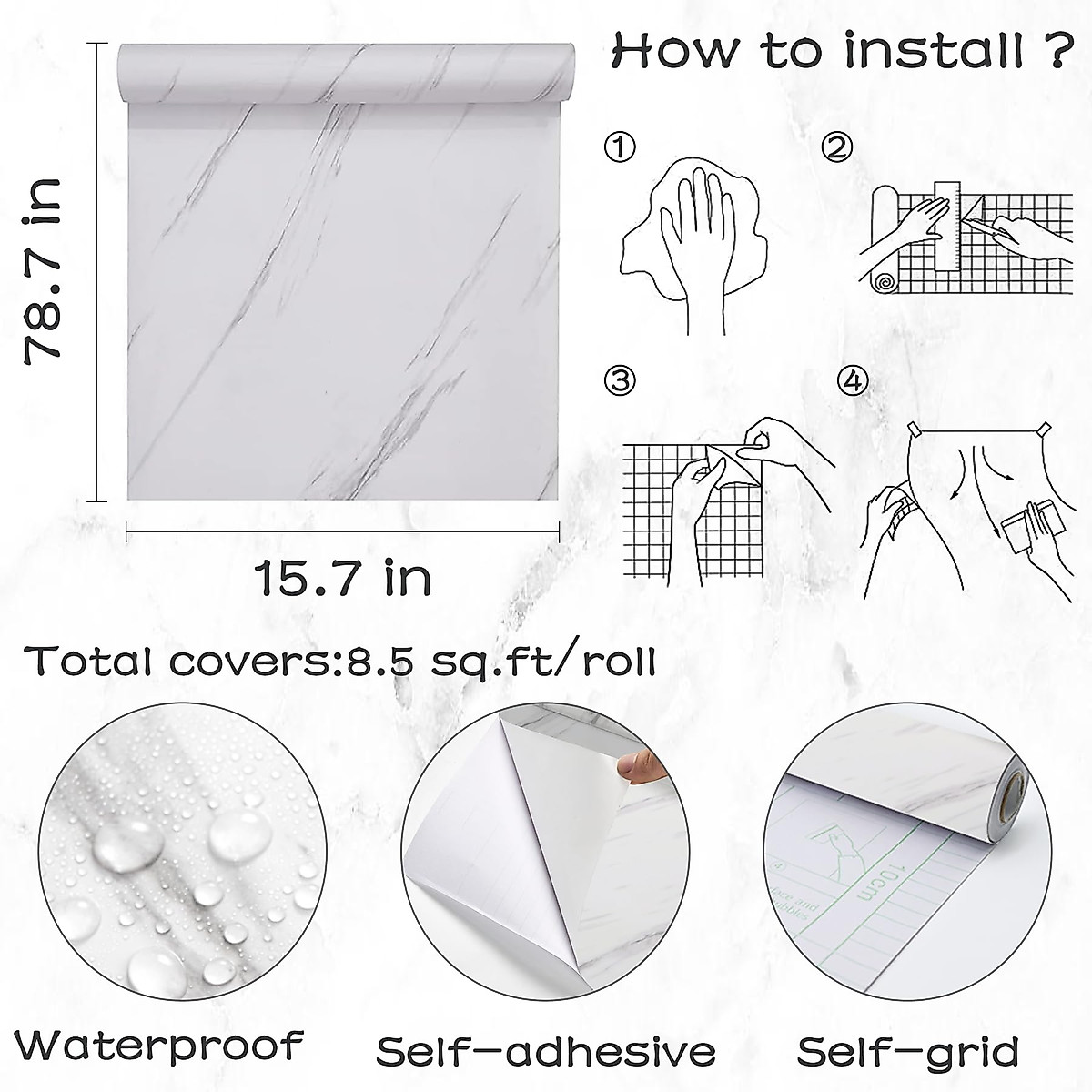 PeonyQueen Glossy Marble Contact Paper White Peel and Stick Wallpaper Marble Wallpaper Self-Adhesive Removable 15.7″x78.7″ Marble Contact Paper for Cabinets Vinyl Bathroom Waterproof Wallpaper