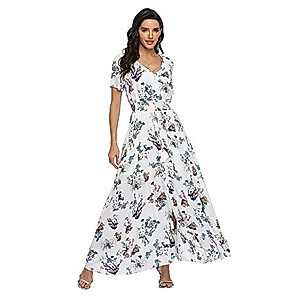 VintageClothing Women's Floral Print Maxi Dresses Boho Button Up Split Beach Party Dress