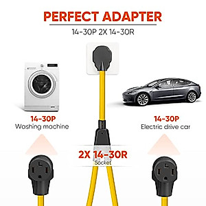 IKITS NEMA 14-30P to Two 14-30R 4 Prong Dryer Y Splitter 3ft, 30Amp 250Volt 7500W STW 10 AWG Dryer Y Adapter Cord, for Dryer Outlet and Level 2 EV Charging