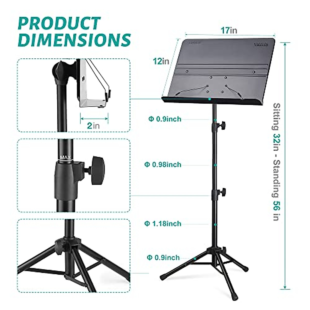 Vekkia Sheet Music Stand-Professional Portable Music Stand with Carrying Bag,Folding Adjustable Music Holder,Super Sturdy suitable for Instrumental Performance & Band & Travel