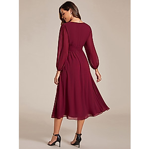 Ever-Pretty Women's Chiffon Long Sleeve Elastic Waist A-Line Knee Length Wedding Guest Dresses Burgundy US16