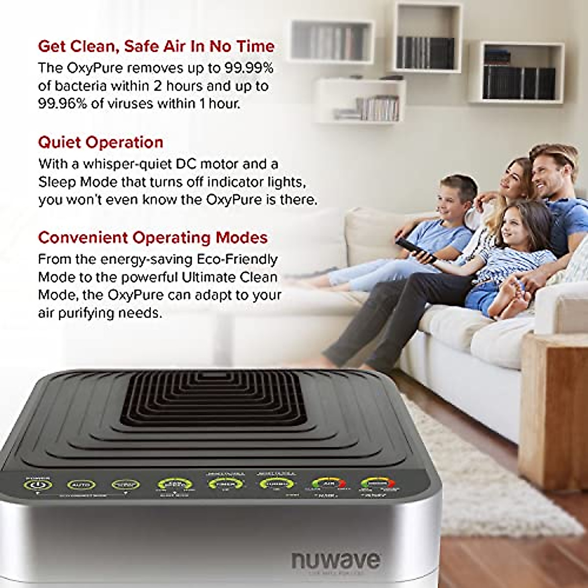 Nuwave Smart Air Purifier for Home Large Room up to 1,200 Sq. Ft, Auto Function Monitors Air Quality & Adjusts 6 Fan Speeds 5-Stage Filtration System Includes 8 Additional HEPA & Carbon Combo Filters