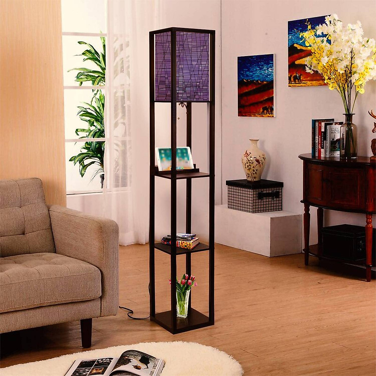 Abstract Stained Glass Mosaic Purple Violet Floor Lamp with Shelves USB Ports & Power Outlet Linen Fabric Shade Corner Standing Lamp for Living Room
