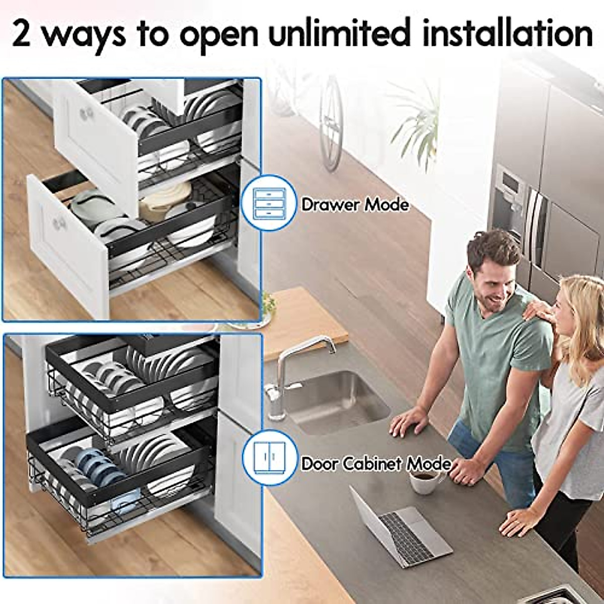 Kitchen Pull Out Shelves Small Size Double Drawer Telescopic Pull Out Spice Rack Vegetable Dish Basket for Kitchen Cupboard, Pantry, Bathroom Stainless Steel Slide Out Cabinet Organizer (30(W)*46.5(