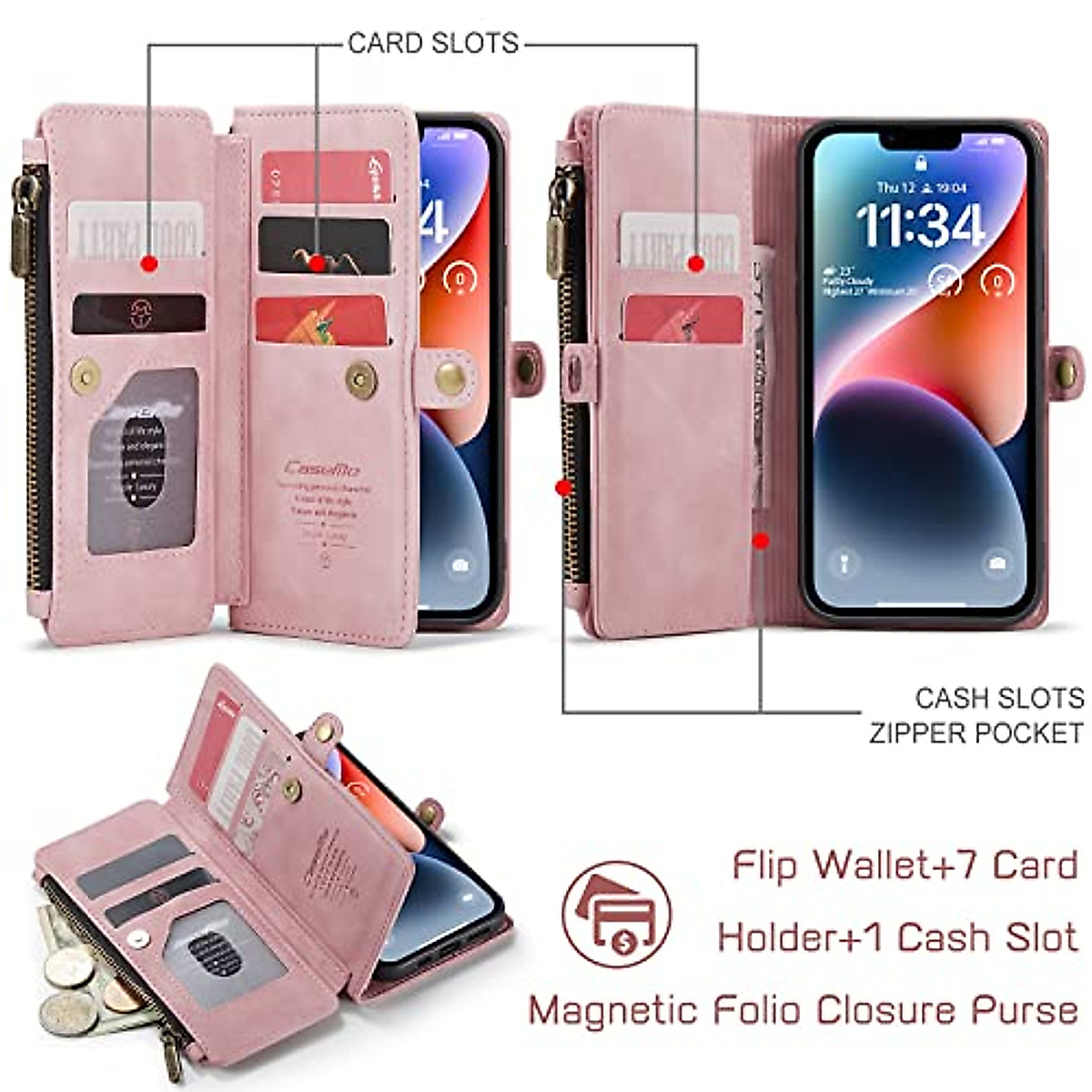 Defencase for iPhone 14 Case, iPhone 14 Wallet Case for Women Men, Durable PU Leather Magnetic Buckle Flip Strap Wristlet Zipper Card Holder Wallet Phone Cases for iPhone 14 [6.1-inch], Rose Pink