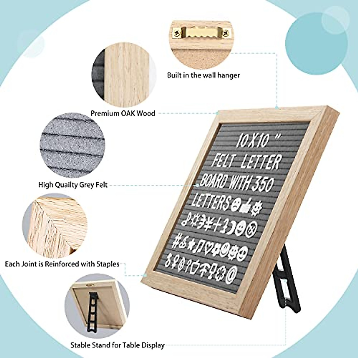 10x10" Grey Felt Letter Board with 350 Changeable Letters and Stand, Oak Frame Message Board Announcement Board for Home Decoration, Office, Farmhouse