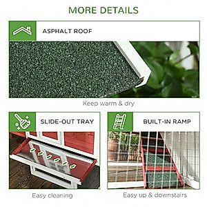 PawHut 63" Wooden Chicken Coop Hen House Poultry Cage for Outdoor Backyard with Raised Garden Bed, Run Area, Nesting Box and Removable Tray, Red