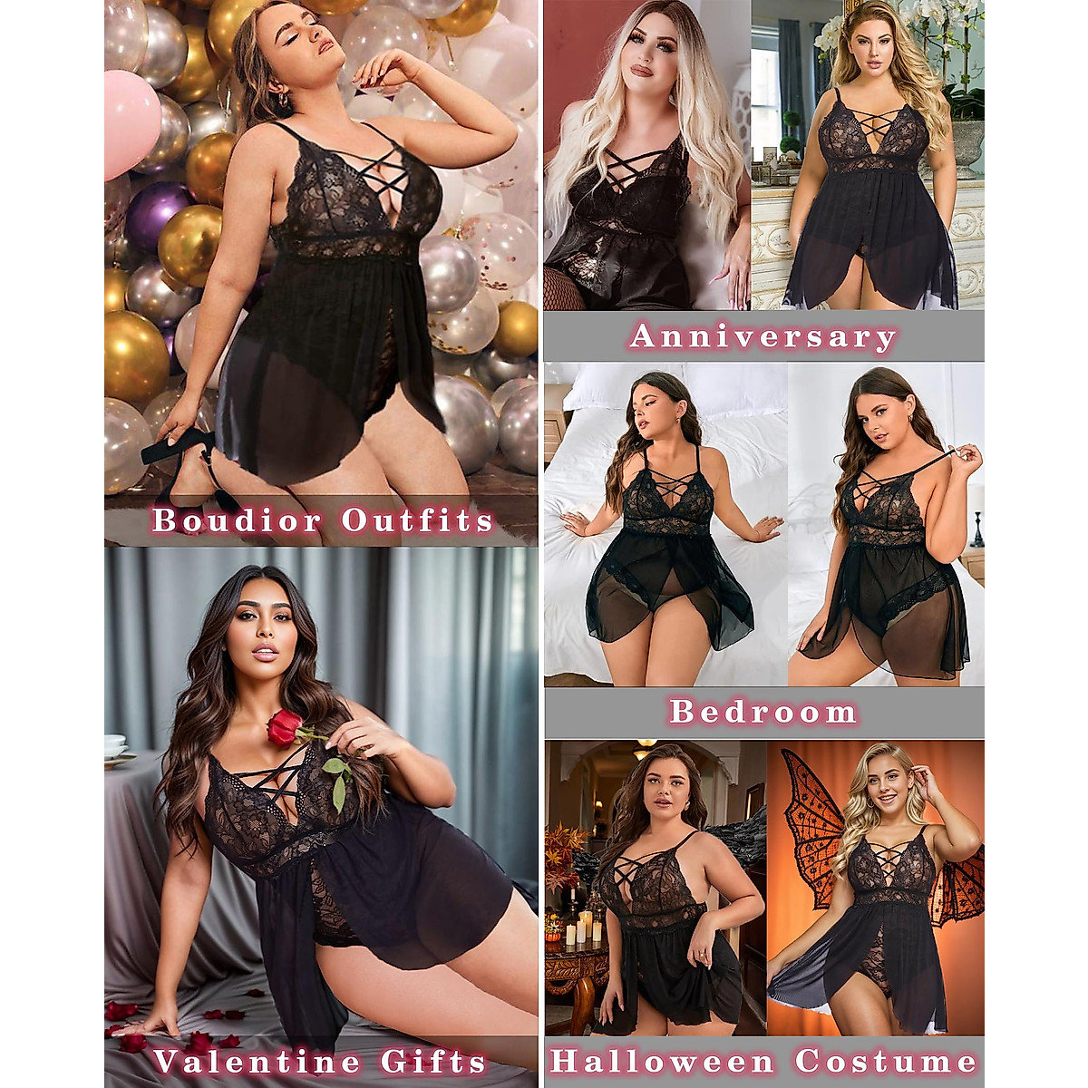 Avidlove Plus Size Lace Chemsie Woman Lingerie Babydoll Sleepwear Bridal Nightdress (Black, XXL)