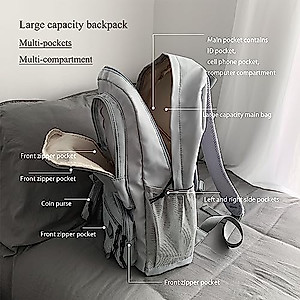 YJMKOI Aesthetic Backpack for Girls and Boys, Simple Backpack for School Large Capacity Bookbag Kids Backpack with Coin Purse (Grey)