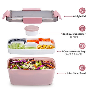 GiFBERA Large Salad Lunch Container - 68 oz Salad Bowl with 5 Compartments Bento-Style Tray, 2 pieces Salad Dressing Containers To Go, Leak-Proof & BPA-Free (Pink)