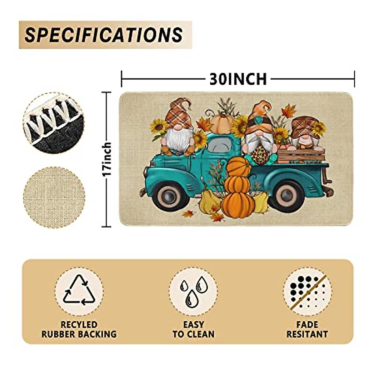 Nutksea Fall Truck Pumpkin Door Mat Thanksgiving Day Autumn Decorative Doormat Gnome Mat for Indoor Outdoor Entrance, Non Slip Rubber Mat 17" x 30”